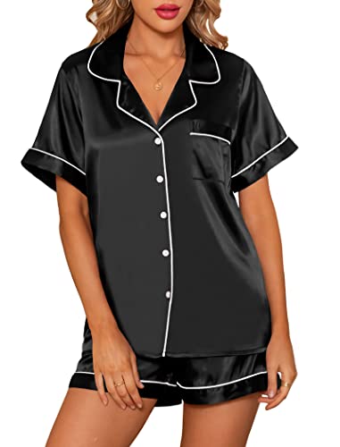 Senert Satin Pajama Set Women Silk Pjs Set Short Sleeve Two Piece Button Down Pajamas Sleepwear Lounge Sets Black,Medium