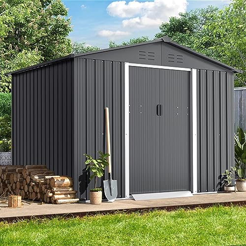 SUNCROWN Outdoor Garden Storage Shed 6X8 FT Yard Storage Tool with Sliding Door for Lawn Equipment Garden Backyard, Grey