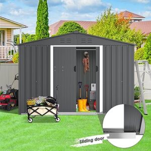 SUNCROWN Outdoor Garden Storage Shed 6X8 FT Yard Storage Tool with Sliding Door for Lawn Equipment Garden Backyard, Grey