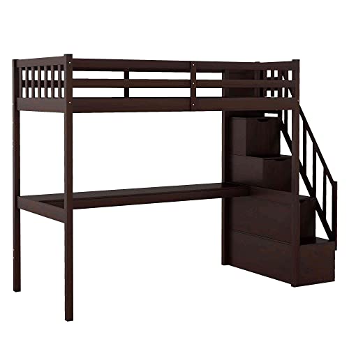 Tulib Twin Size Loft Bed with Desk and Staircase Storage,Wooden Bedframes Furniture,Loftbeds with Safety Guardrails for Kids,Teen,Adult,No Box Sprig Needed