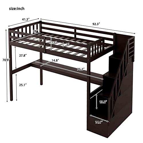 Tulib Twin Size Loft Bed with Desk and Staircase Storage,Wooden Bedframes Furniture,Loftbeds with Safety Guardrails for Kids,Teen,Adult,No Box Sprig Needed