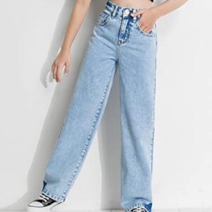 Romwe Girl's Vintage High Waisted Straight Leg Jeans Regular Fit Denim Pants Blue Light Wash 160