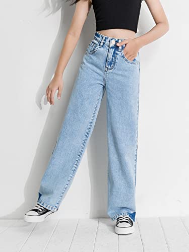 Romwe Girl's Vintage High Waisted Straight Leg Jeans Regular Fit Denim Pants Blue Light Wash 160