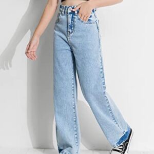 Romwe Girl's Vintage High Waisted Straight Leg Jeans Regular Fit Denim Pants Blue Light Wash 160