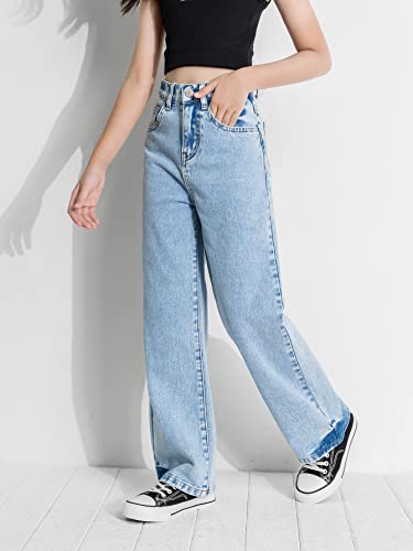 Romwe Girl's Vintage High Waisted Straight Leg Jeans Regular Fit Denim Pants Blue Light Wash 160