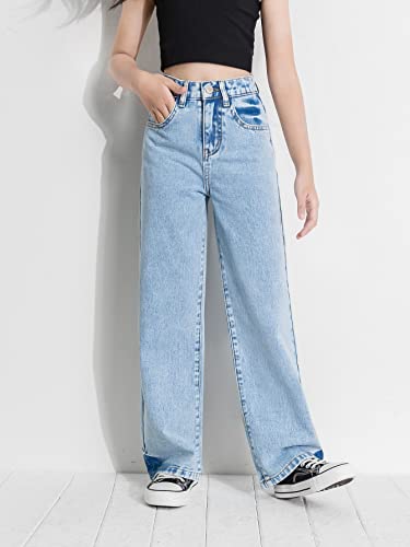 Romwe Girl's Vintage High Waisted Straight Leg Jeans Regular Fit Denim Pants Blue Light Wash 160