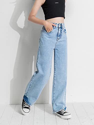 Romwe Girl's Vintage High Waisted Straight Leg Jeans Regular Fit Denim Pants Blue Light Wash 160