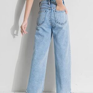 Romwe Girl's Vintage High Waisted Straight Leg Jeans Regular Fit Denim Pants Blue Light Wash 160