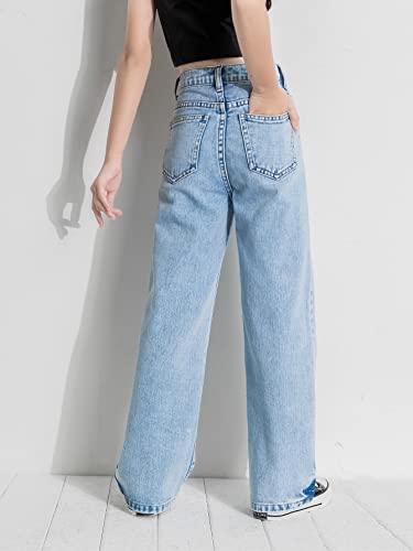 Romwe Girl's Vintage High Waisted Straight Leg Jeans Regular Fit Denim Pants Blue Light Wash 160