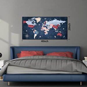 Blue World Map Wall-Art For Office - Large World Maps For Wall - Canvas Wall Art Stretched and Framed Ready to Hang Size 40" x 20"