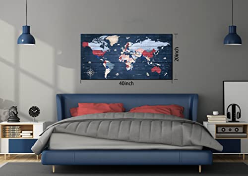 Blue World Map Wall-Art For Office - Large World Maps For Wall - Canvas Wall Art Stretched and Framed Ready to Hang Size 40" x 20"