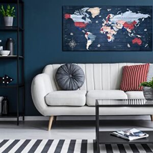 Blue World Map Wall-Art For Office - Large World Maps For Wall - Canvas Wall Art Stretched and Framed Ready to Hang Size 40" x 20"