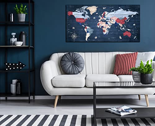 Blue World Map Wall-Art For Office - Large World Maps For Wall - Canvas Wall Art Stretched and Framed Ready to Hang Size 40" x 20"