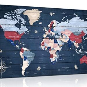 Blue World Map Wall-Art For Office - Large World Maps For Wall - Canvas Wall Art Stretched and Framed Ready to Hang Size 40" x 20"