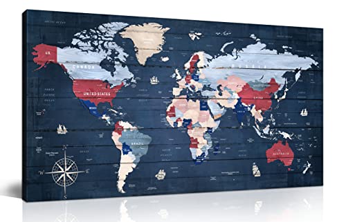 Blue World Map Wall-Art For Office - Large World Maps For Wall - Canvas Wall Art Stretched and Framed Ready to Hang Size 40" x 20"