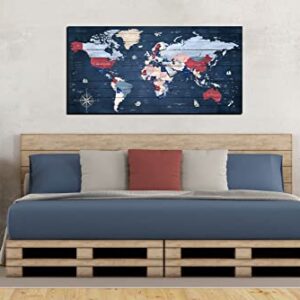 Blue World Map Wall-Art For Office - Large World Maps For Wall - Canvas Wall Art Stretched and Framed Ready to Hang Size 40" x 20"