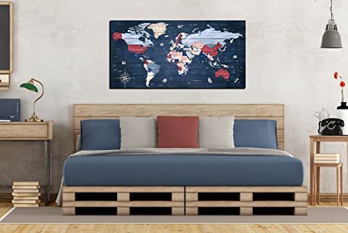 Blue World Map Wall-Art For Office - Large World Maps For Wall - Canvas Wall Art Stretched and Framed Ready to Hang Size 40" x 20"