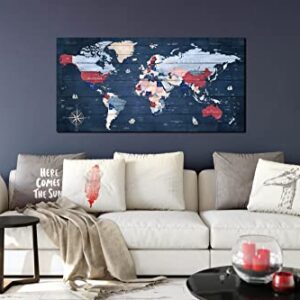 Blue World Map Wall-Art For Office - Large World Maps For Wall - Canvas Wall Art Stretched and Framed Ready to Hang Size 40" x 20"