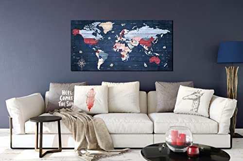 Blue World Map Wall-Art For Office - Large World Maps For Wall - Canvas Wall Art Stretched and Framed Ready to Hang Size 40" x 20"