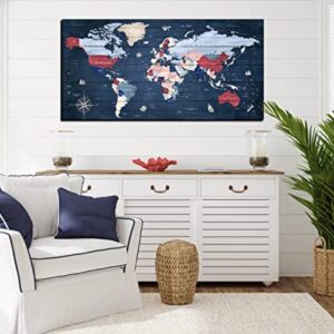 Blue World Map Wall-Art For Office - Large World Maps For Wall - Canvas Wall Art Stretched and Framed Ready to Hang Size 40" x 20"