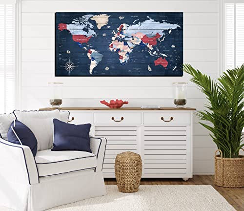 Blue World Map Wall-Art For Office - Large World Maps For Wall - Canvas Wall Art Stretched and Framed Ready to Hang Size 40" x 20"