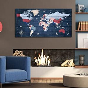 Blue World Map Wall-Art For Office - Large World Maps For Wall - Canvas Wall Art Stretched and Framed Ready to Hang Size 40" x 20"