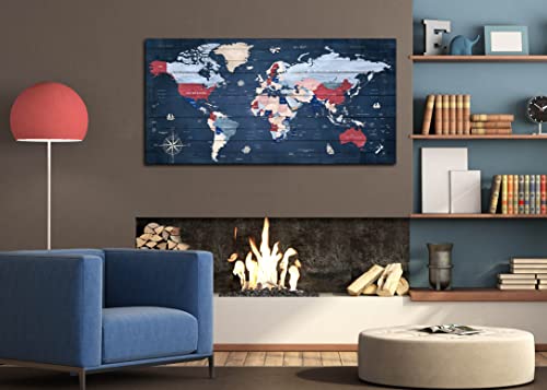 Blue World Map Wall-Art For Office - Large World Maps For Wall - Canvas Wall Art Stretched and Framed Ready to Hang Size 40" x 20"