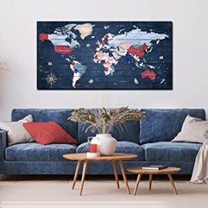 Blue World Map Wall-Art For Office - Large World Maps For Wall - Canvas Wall Art Stretched and Framed Ready to Hang Size 40" x 20"