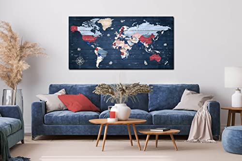 Blue World Map Wall-Art For Office - Large World Maps For Wall - Canvas Wall Art Stretched and Framed Ready to Hang Size 40" x 20"