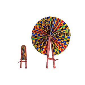 handmade in ghana ankara african kente print handheld bolgatanga folding fan leather handles, african fabric folding fan handheld (kente 3)