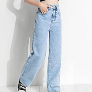 Romwe Girl's Vintage High Waisted Straight Leg Jeans Regular Fit Denim Pants Light Blue Light Wash 160