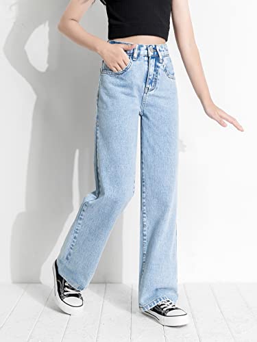 Romwe Girl's Vintage High Waisted Straight Leg Jeans Regular Fit Denim Pants Light Blue Light Wash 160