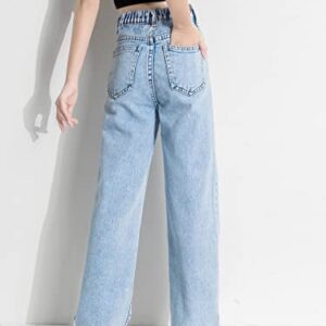 Romwe Girl's Vintage High Waisted Straight Leg Jeans Regular Fit Denim Pants Light Blue Light Wash 160