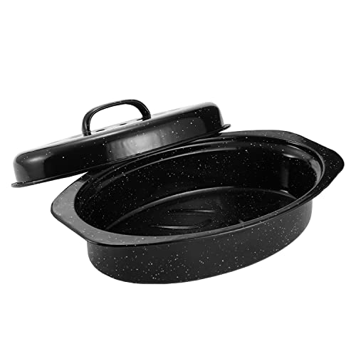 Granite Roasting Pan, Small 13” Enameled Roasting Pan with Domed Lid. Oval Turkey Roaster Pot, Broiler Pan Great for Small Chicken, Lamb, Vegetable. Dishwasher Safe Cookware Fit for 7Lb Bird