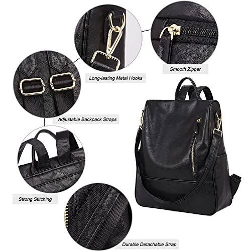 FOXLOVER Fashion Anti Theft Backpack Purse for Women, Large Convertible Travel Work College Ladies Leather Shoulder Bag (Black)