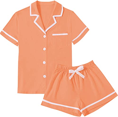 LYANER Women's Pajamas Set Button Short Sleeve Shirt with Shorts Set PJs Loungewear Light Orange Small