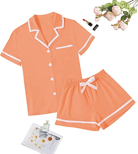 LYANER Women's Pajamas Set Button Short Sleeve Shirt with Shorts Set PJs Loungewear Light Orange Small