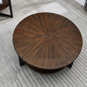 moderion round coffee table with storage shelf, farmhouse living room cocktail black metal legs, circular solid wood center tea table, sofa 35.3-''dx17.8-''h, natural brown kfz1338nc