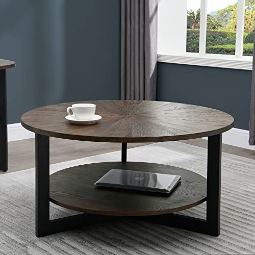 MODERION Round Coffee Table with Storage Shelf, Farmhouse Living Room Cocktail Black Metal Legs, Circular Solid Wood Center Tea Table, Sofa 35.3-''Dx17.8-''H, Natural Brown KFZ1338NC