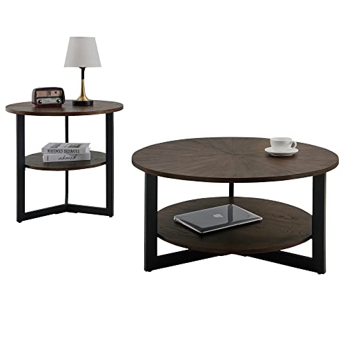 MODERION Round Coffee Table with Storage Shelf, Farmhouse Living Room Cocktail Black Metal Legs, Circular Solid Wood Center Tea Table, Sofa 35.3-''Dx17.8-''H, Natural Brown KFZ1338NC