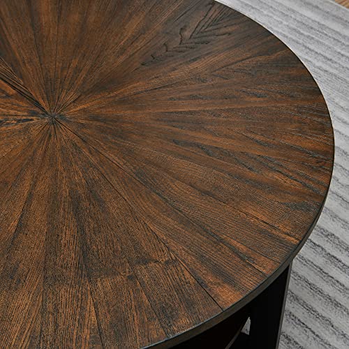 MODERION Round Coffee Table with Storage Shelf, Farmhouse Living Room Cocktail Black Metal Legs, Circular Solid Wood Center Tea Table, Sofa 35.3-''Dx17.8-''H, Natural Brown KFZ1338NC