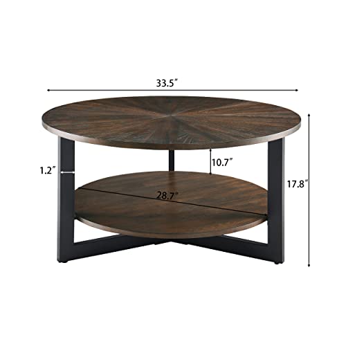 MODERION Round Coffee Table with Storage Shelf, Farmhouse Living Room Cocktail Black Metal Legs, Circular Solid Wood Center Tea Table, Sofa 35.3-''Dx17.8-''H, Natural Brown KFZ1338NC