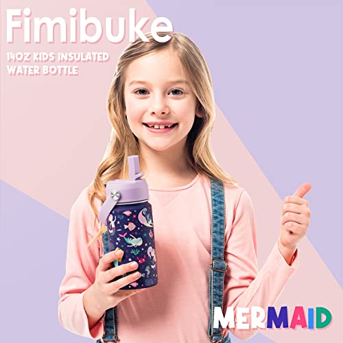 Fimibuke Metal Insulated Water Bottle - 14oz BPA-FREE 18/8 Stainless Steel Travel Tumbler Double Wall Vacuum Leak Proof Kids Cup with Straw for Kids, School Boys Girls(1 Pack, MERMAID)