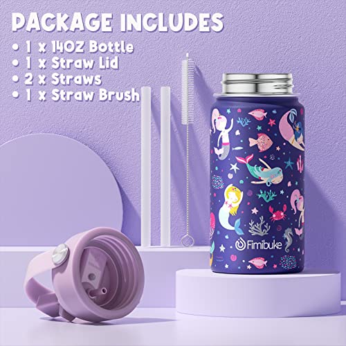 Fimibuke Metal Insulated Water Bottle - 14oz BPA-FREE 18/8 Stainless Steel Travel Tumbler Double Wall Vacuum Leak Proof Kids Cup with Straw for Kids, School Boys Girls(1 Pack, MERMAID)