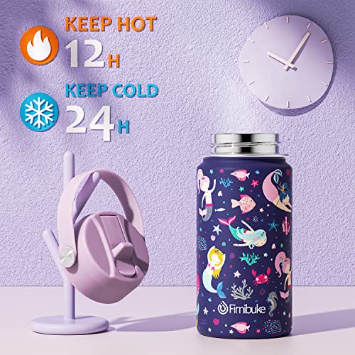 Fimibuke Metal Insulated Water Bottle - 14oz BPA-FREE 18/8 Stainless Steel Travel Tumbler Double Wall Vacuum Leak Proof Kids Cup with Straw for Kids, School Boys Girls(1 Pack, MERMAID)