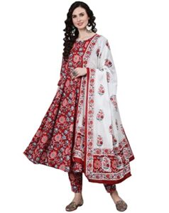 amayra women's rayon printed anarkali kurti with palazzos and dupatta set (maroon, small)