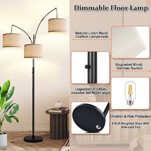 Dimmable Floor Lamp - 3 Lights Arc Floor Lamps for Living Room, 1000LM Modern Tall Standing Lamp With Beige Shades & Heavy Base, Mid Century Tree Floor Lamp for Bedroom Office, 3 LED Bulbs Included