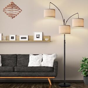 Dimmable Floor Lamp - 3 Lights Arc Floor Lamps for Living Room, 1000LM Modern Tall Standing Lamp With Beige Shades & Heavy Base, Mid Century Tree Floor Lamp for Bedroom Office, 3 LED Bulbs Included