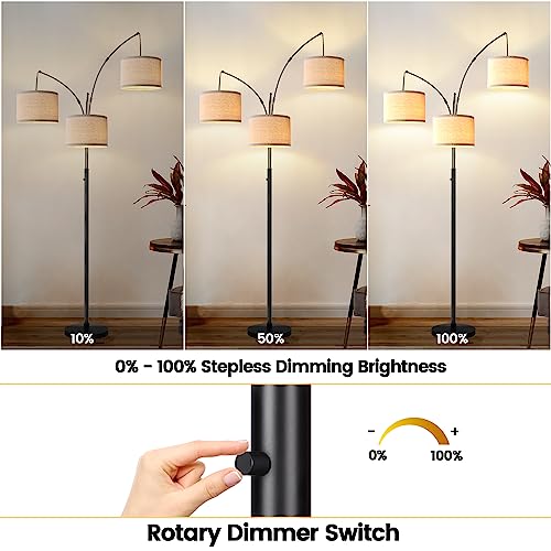 Dimmable Floor Lamp - 3 Lights Arc Floor Lamps for Living Room, 1000LM Modern Tall Standing Lamp With Beige Shades & Heavy Base, Mid Century Tree Floor Lamp for Bedroom Office, 3 LED Bulbs Included