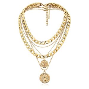 mjartoria gold layered necklaces for women trendy retro birthflower august flower coin pendant gold chain necklaces dainty chunky link chain choker necklaces for girls jewelry birthday gifts